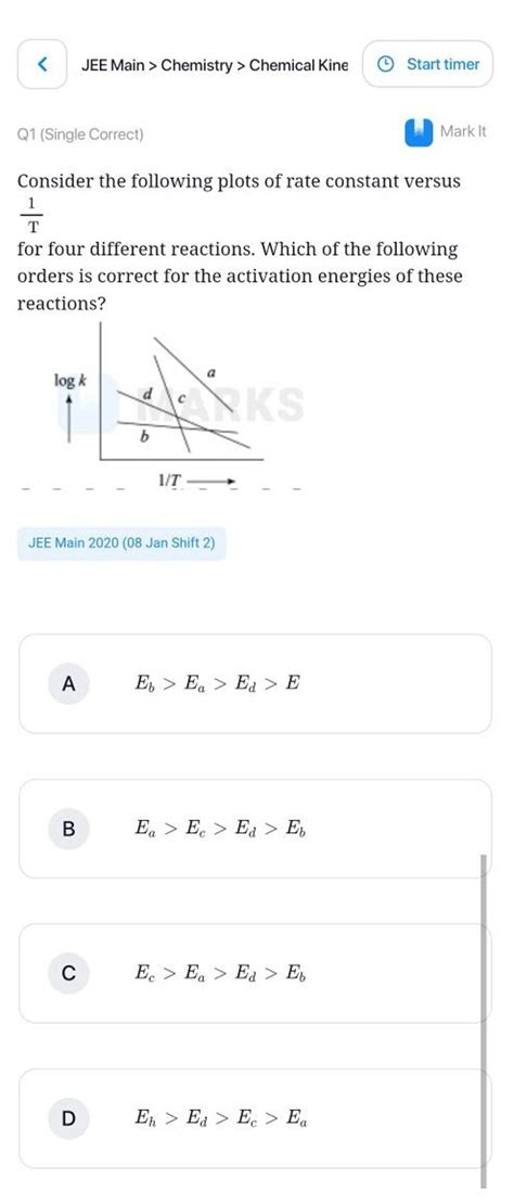 q1 single correct mark itconsider the following plots of rate constant