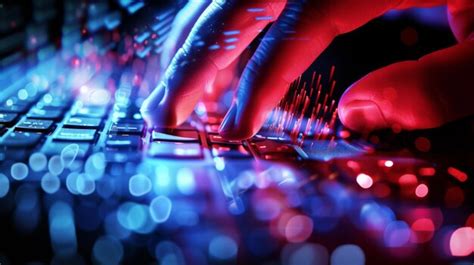 Premium Photo A Pair Of Hands Is Actively Typing On A Backlit Keyboard With Digital Data