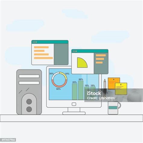 데스크톱 컴퓨터와 함께 작업 영역입니다 개발자는 웹 디자이너 커피 및 용지 참고가는 선 평면 인테리어 벡터 일러스트 레이 션 개념에 대한 스톡 벡터 아트 및 기타 이미지