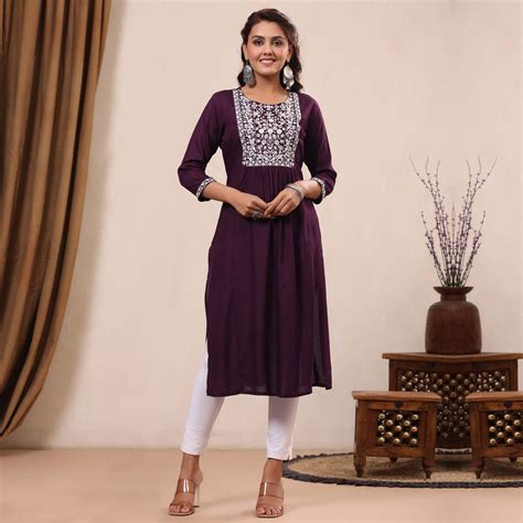 Wine Floral Embroidered Rayon Kurti