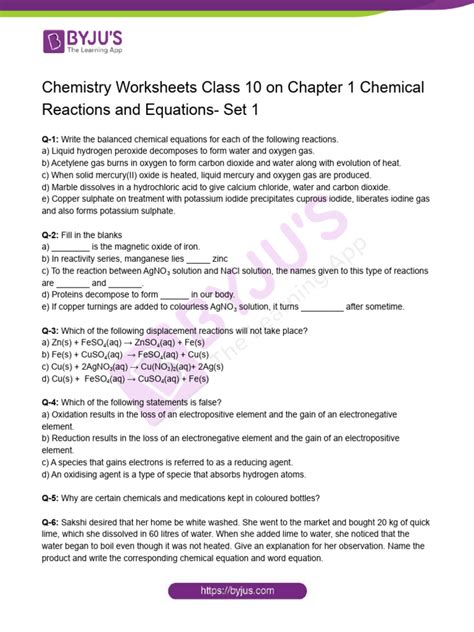 Chemistry Worksheets Class 10 On Chapter 1 Chemical Reactions And
