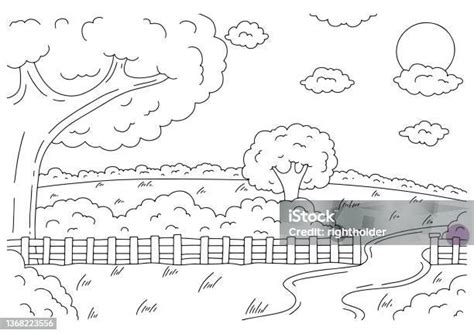 숲의 숲의 멋진 자연 경관 아이들을위한 색칠 공부 책 페이지 만화 스타일 흰색 배경에서 격리된 벡터 그림입니다 9월에 대한 스톡 벡터 아트 및 기타 이미지 Istock