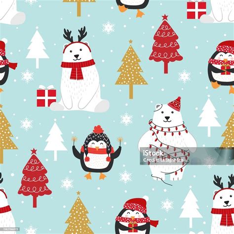 북극곰 배경 크리스마스 원활한 패턴 펭귄 포장지 패턴 채우기 겨울 인사말 웹 페이지 배경 크리스마스와 새해 인사말 카드와 겨울 패턴 12월에 대한 스톡 벡터 아트 및 기타