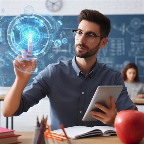 Premium Ai Image Man Teacher Use Touch Screen For Education Classroom