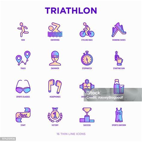 트라이 애슬론 얇은 라인 아이콘 세트 주자 수영 사이클링 경주 스톱워치 시작 총 스포츠 안경 시작 승리 성공 스포츠 대회를위한 현대 벡터 일러스트레이션 건강한 생활방식에