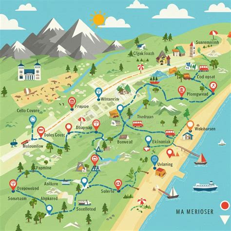 Whimsical Illustrated Map Featuring Fictional Locations With Playful