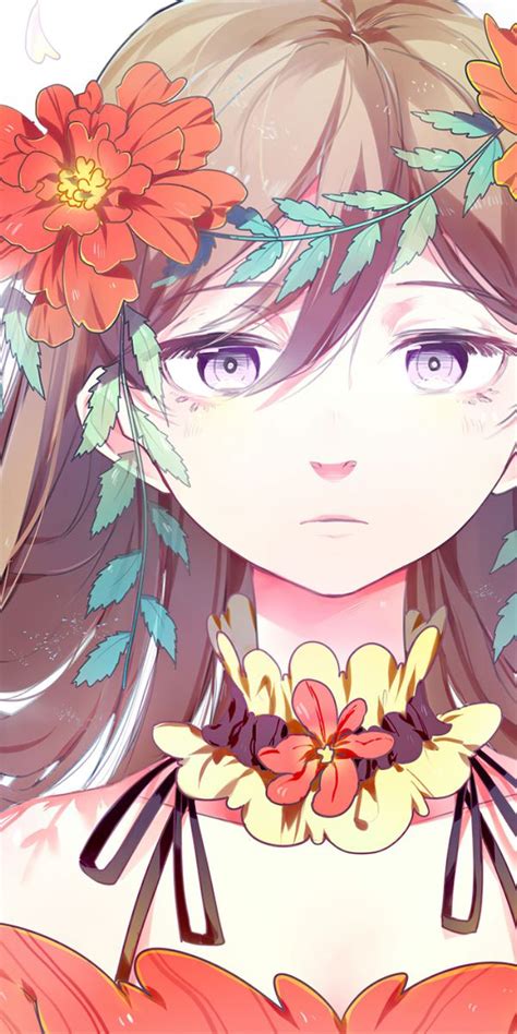 Завантажити шпалери на робочий стіл ПК Аніме Оригінал Каштанове Волосся Квітка Довге