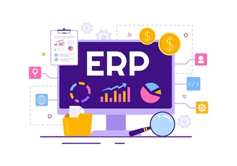 비즈니스 통합 및 개선이 포함된 Erp Enterprise Resource Planning System 일러스트레이션 프리미엄 벡터
