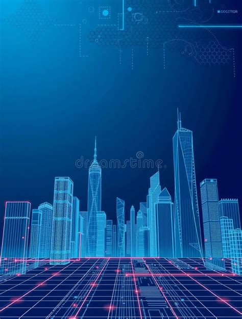 Futuristic Wireframe Cityscape With Digital Grid 3d Blueprint Architecture Tech City Design