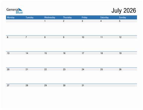 July 2026 Monday Start Calendar Pdf Excel Word