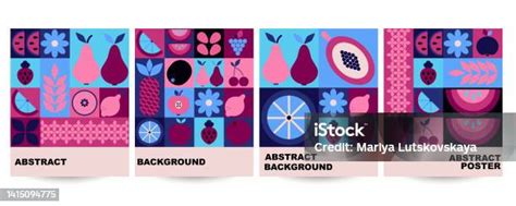 바우 하우스 과일 포스터 추상적 인 기하학적 음식 밝고 다채로운 파란색과 분홍색 패턴 간단한 형태 자연 유기 배경 현대 배너