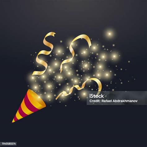 골드 빛나는 별 리본 색종이 밝은 만화 생일 크래커와 축제 파티 포퍼 폭발 축 하 기호 이모티콘 벡터 일러스트 레이 션입니다 금 금속에 대한 스톡 벡터 아트 및 기타 이미지