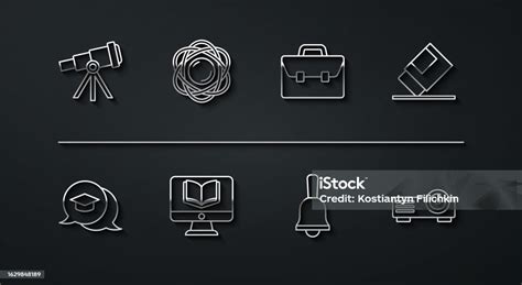 라인 망원경 말풍선의 졸업 모자 지우개 또는 고무 울리는 종 온라인 수업 아톰 영화 필름 미디어 프로젝터 및 서류 가방 아이콘을 설정합니다 벡터 0명에 대한 스톡 벡터 아트