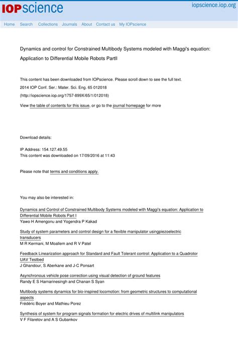 Pdf Dynamics And Control For Constrained Multibody Systems Modeled With Maggis Equation