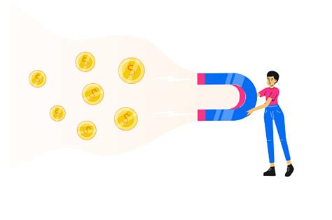 투자 개념 큰 파란색 자석을 들고 젊은 비즈니스 여성 또는 관리자 유치 및 수집 돈 투자 매력 은유 적립 저장 벡터 그림입니다