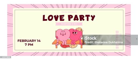 화려한 빈티지 러브 파티 티켓 복고풍 그루비 스타일의 벤치에 사랑스럽고 귀여운 하트 캐릭터 이벤트 바코드 날짜 및 시간을 자세히 설명합니다 발렌타인 데이 2월 14일 흰색