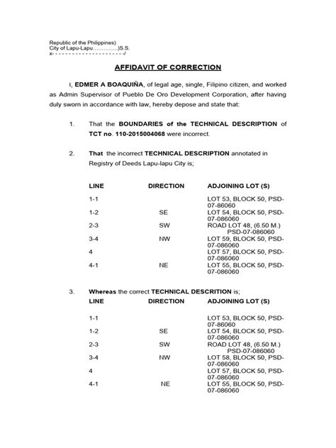 Affidavit Of Correction On Technical Description Pdf Affidavit