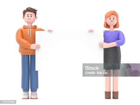 개념적 이미지를 삽입하기 위해 빈 흰색 플래카드를 들고 만화 캐릭터의 3d 일러스트레이션3d 흰색 배경에 렌더링 2명에 대한