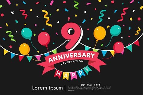 창립 9주년 기념 엠블럼 축하 기념일 로고는 다채로운 색종이 멧새 깃발 풍선 및 리본으로 격리되어 있습니다 벡터 일러스트 레이션 템플릿 디자인 9에 대한 스톡 벡터 아트 및