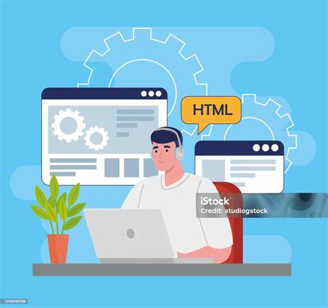 코드 기호가 있는 랩톱에서 소프트웨어 개발자 프로그래밍 Html에 대한 스톡 벡터 아트 및 기타 이미지 Html 개발 개선 Istock