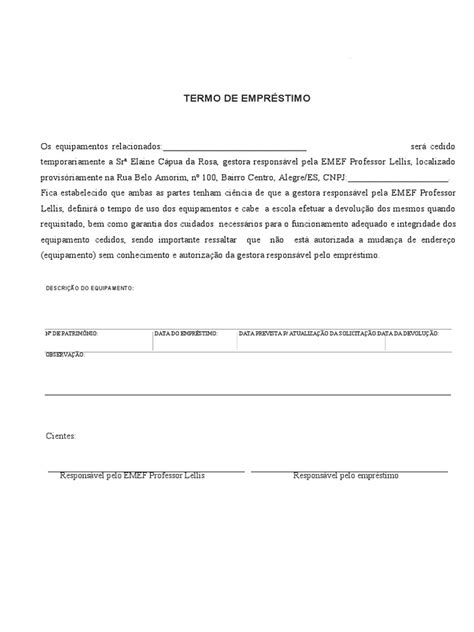 Termo De Empréstimo De Equipamentos Pdf