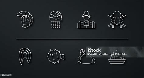 세트 라인 새우 생선 스테이크 문어 게 고슴도치 해파리 접시에 제공 및 어부 아이콘 벡터 갈고리 발톱에 대한 스톡 벡터 아트 및 기타 이미지 Istock