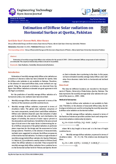 Pdf Estimation Of Diffuse Solar Radiation On Horizontal Surface At Quetta Pakistan