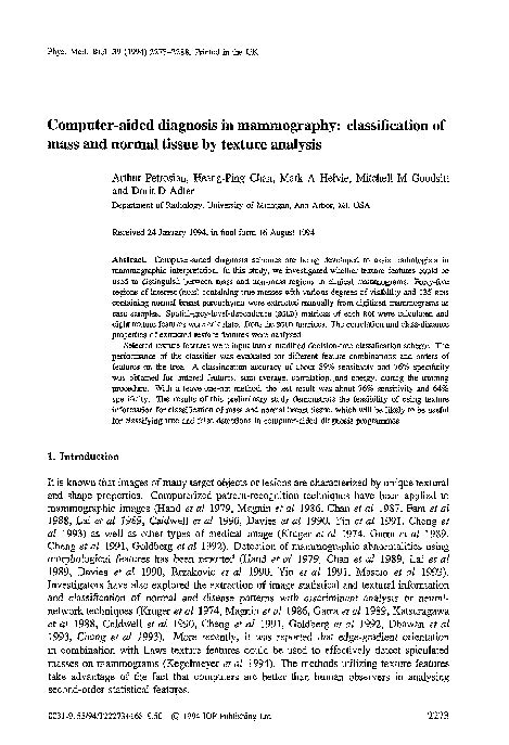 Pdf Computer Aided Diagnosis In Mammography Classification Of Mass And Normal Tissue By