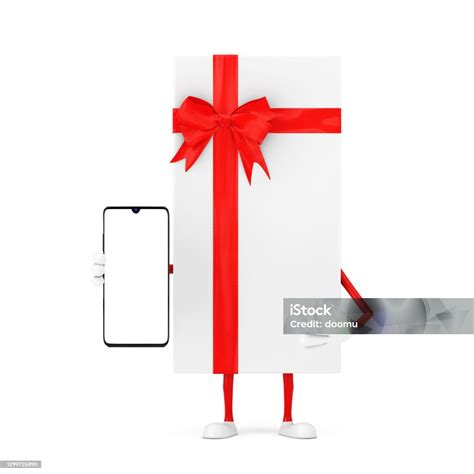 화이트 기프트 박스와 레드 리본 캐릭터 마스코트와 디자인에 대한 빈 화면현대 휴대 전화 3d 렌더링 개념에 대한 스톡 사진 및 기타 이미지 Istock