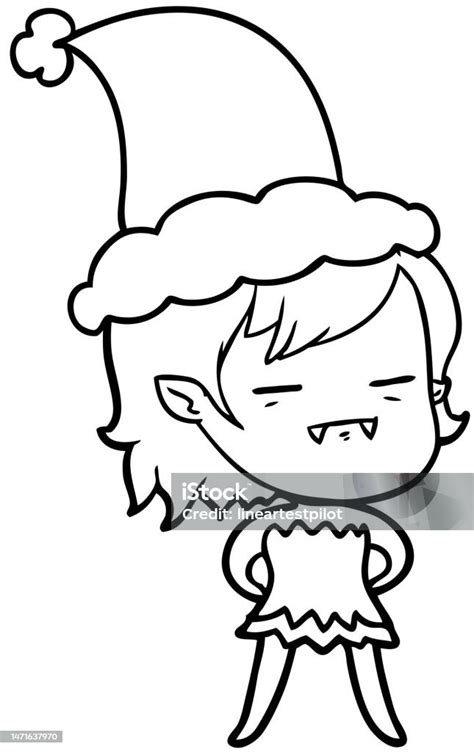 산타 모자를 쓴 언데드 뱀파이어 소녀의 손으로 그린 선 그림 귀여운에 대한 스톡 벡터 아트 및 기타 이미지 귀여운 낙서