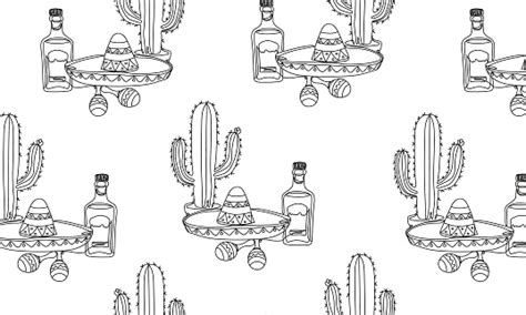 완벽 한 패턴 선인장 솜브레로 데킬라 병 마라카스 멕시코 축제 요소 흰색 배경 Cinco De Mayo 축하 문화적 상징에 대 한 개요 디자인 반복 0명에 대한 스톡 벡터