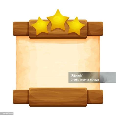 만화 스타일의 양피지가있는 나무 판자 흰색 배경에 고립 된 레벨 성취 게임 화면 프레임 중세 패널 메뉴 빈 Gui 자산 간판