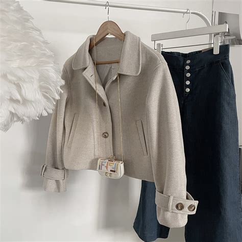 스탠다드 모직 소매 벨트 카라 숏 자켓 울 터치 코트 세미 크롭 겨울 아우터 에이블리