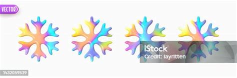 크리스마스 눈송이 밝은 멀티 컬러 홀로그램 그라디언트 색상 홀로그램 3d 장식 눈송이 세트는 흰색 배경에 격리되어 있습니다 새해 요소 벡터 일러스트 레이 션 무지갯빛 다양한