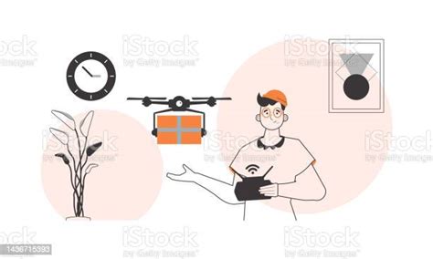 한 남자가 무인 항공기와 함께 패키지를 보냅니다 드론 배달 개념 선형 현대 스타일 날기에 대한 스톡 벡터 아트 및 기타 이미지