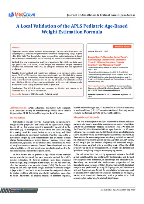 Pdf A Local Validation Of The Apls Pediatric Age Based Weight Estimation Formula