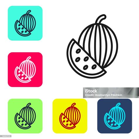 흰색 배경에 격리 된 검은 줄 수박 아이콘 색상 정사각형 단추로 아이콘을 설정합니다 벡터 0명에 대한 스톡 벡터 아트 및 기타 이미지 Istock