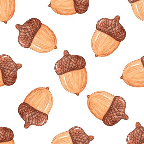 Premium Photo Watercolor Acorn Seamless Pattern On White Background