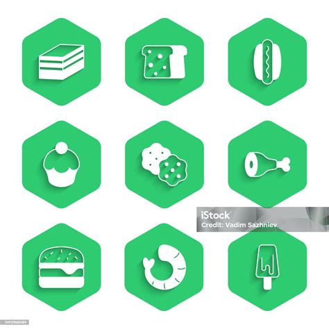 크래커 비스킷 새우 아이스크림 닭 다리 버거 머핀 핫도그 및 케이크 아이콘을 설정합니다 벡터 겨자에 대한 스톡 벡터 아트 및 기타 이미지 Istock