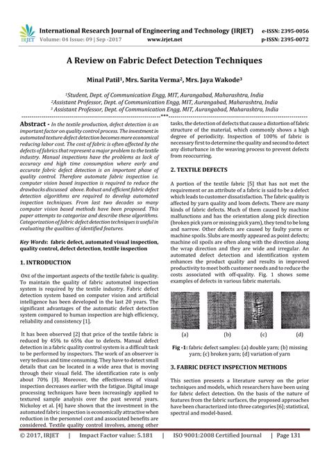 A Review On Fabric Defect Detection Techniques Pdf Needlework Arts And Crafts