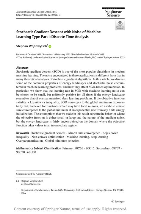 Stochastic Gradient Descent With Noise Of Machine Learning Type Part I