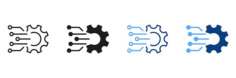 디지털 기술 개념 기호 컬렉션입니다 비즈니스 솔루션 픽토그램의 기어 사인 디지털 톱니바퀴 전자 기술 네트워크 라인 및 실루엣 아이콘 세트 격리된 벡터 그림 로고에 대한 스톡
