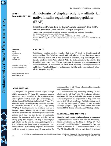 Pdf Angiotensin Iv Displays Only Low Affinity For Native Insulin Regulated Aminopeptidase Irap