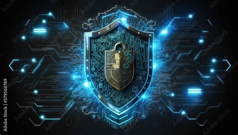 Computer Cybersecurity Shield Lock Technology Background Concept Generative Ai Stock