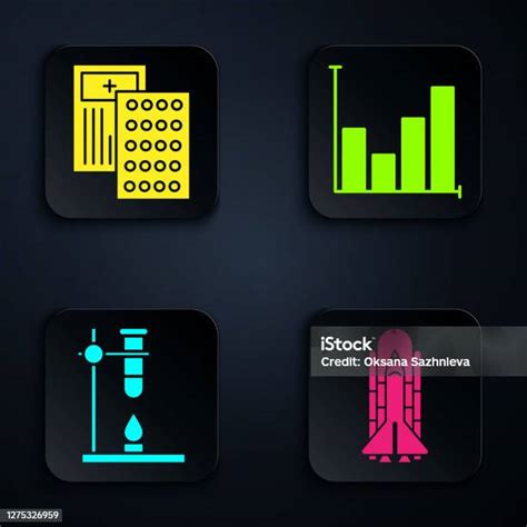 우주 왕복선과 로켓을 설정 물집 팩에 알약 화재 히터에 유리 테스트 튜브 플라스크와 파이 차트 인포 그래픽 검은 색 사각형 버튼 벡터 Launch Party에 대한 스톡