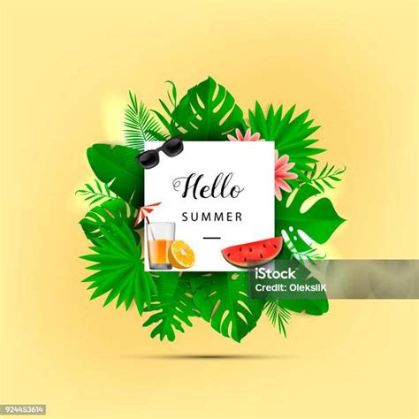 안녕하세요 여름 벡터 일러스트입니다 수 박 오렌지 주스 선글라스와 파스텔 노란색 배경에 3d 하와이 잎 여름 배너 0명에 대한