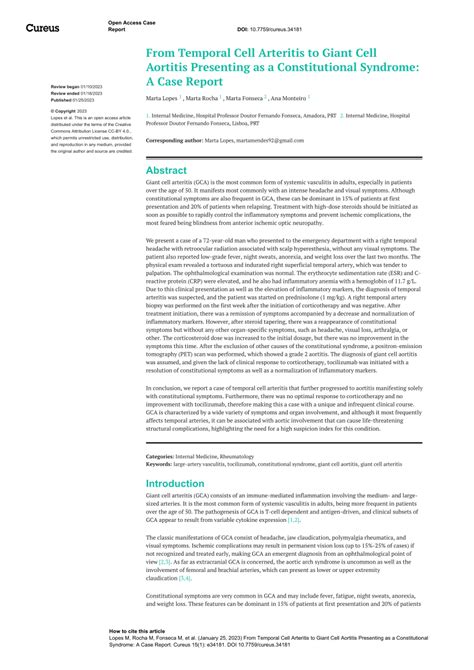 Pdf From Temporal Cell Arteritis To Giant Cell Aortitis Presenting As A Constitutional