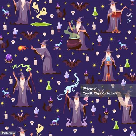 마녀와 마법이 어우러진 매끄러운 패턴 물약을 가진 마법사 또는 주문을 시전합니다 장식 직물 포장지 벽지 디자인 직물을 위한 할로윈 프린트 만화 평면 격리 벡터 개념