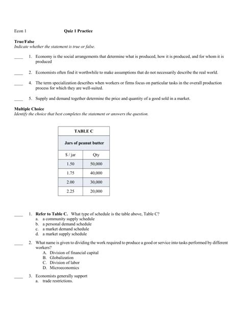 Economics Quiz 1 Practice Supply Demand Markets