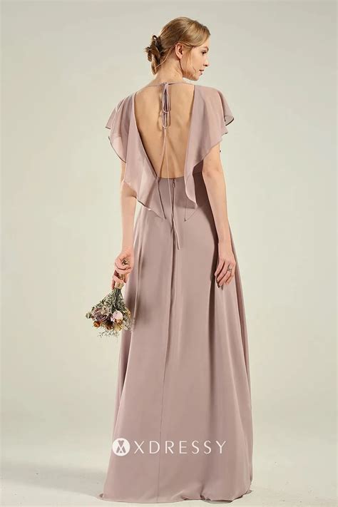 Ruffled Short Sleeve Nude Slit Long Bridesmaid Dress Xdressy